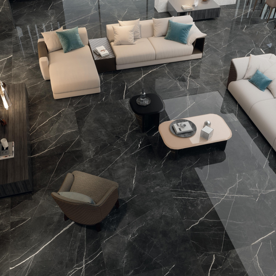 Marvel Gala Calacatta Black Polished Marble Effect Porcelain Wall and ...